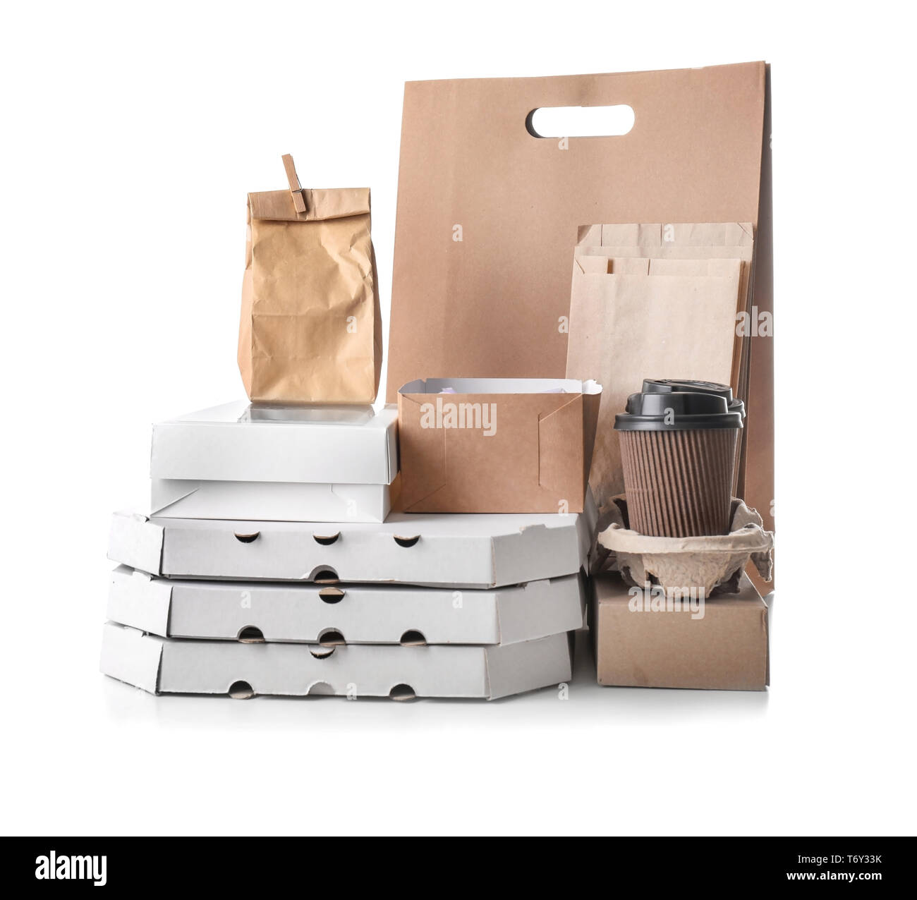 Different types of packages on white background. Food delivery service ...