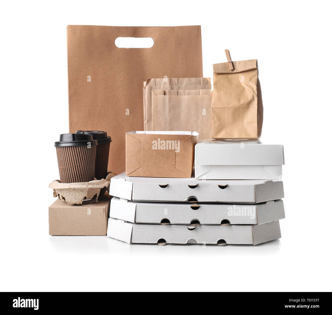 Different types of packages on white background. Food delivery service ...