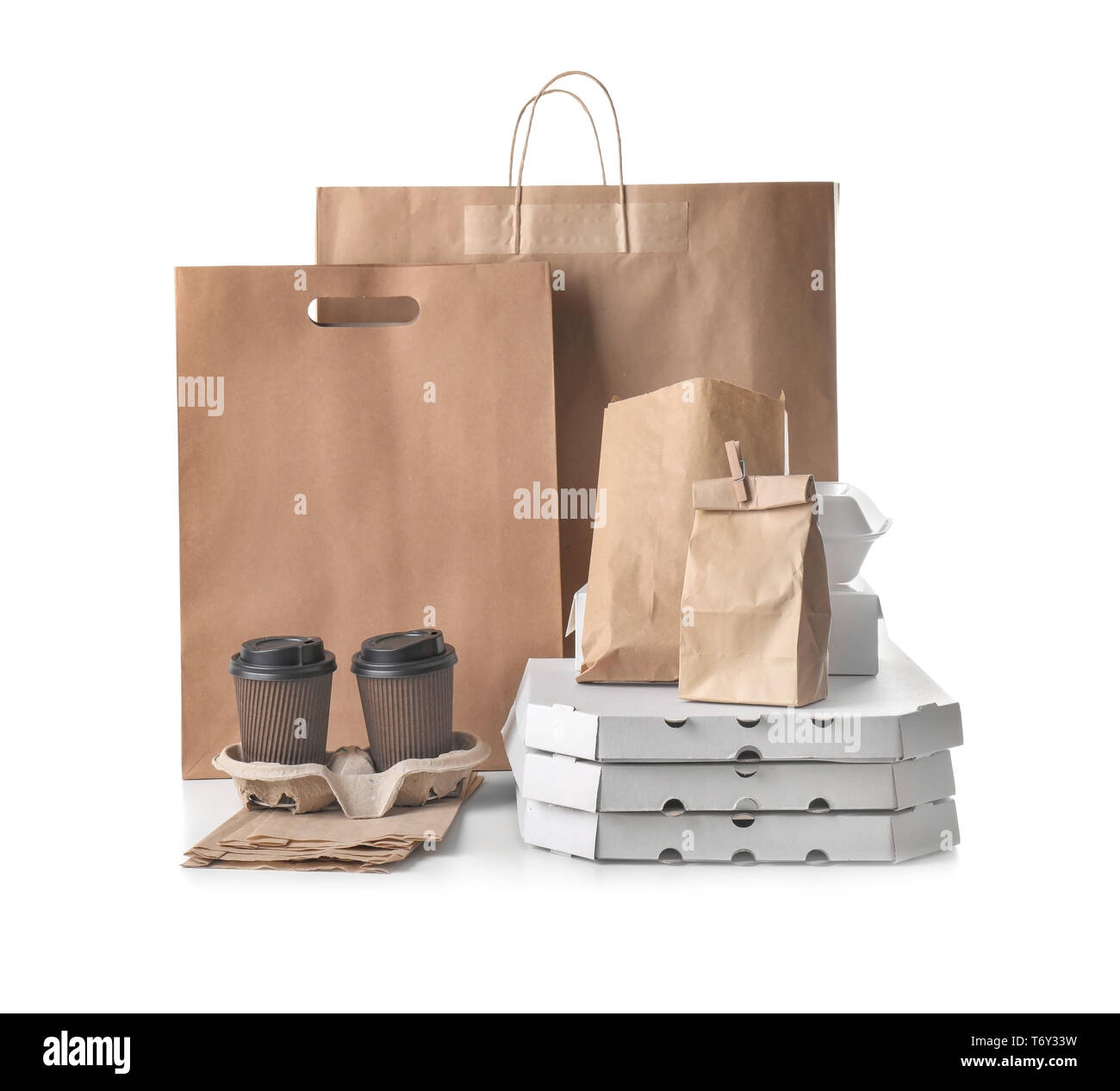 Different types of packages on white background. Food delivery service ...