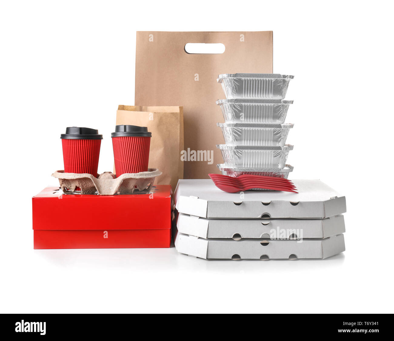 Different types of packages on white background. Food delivery service ...