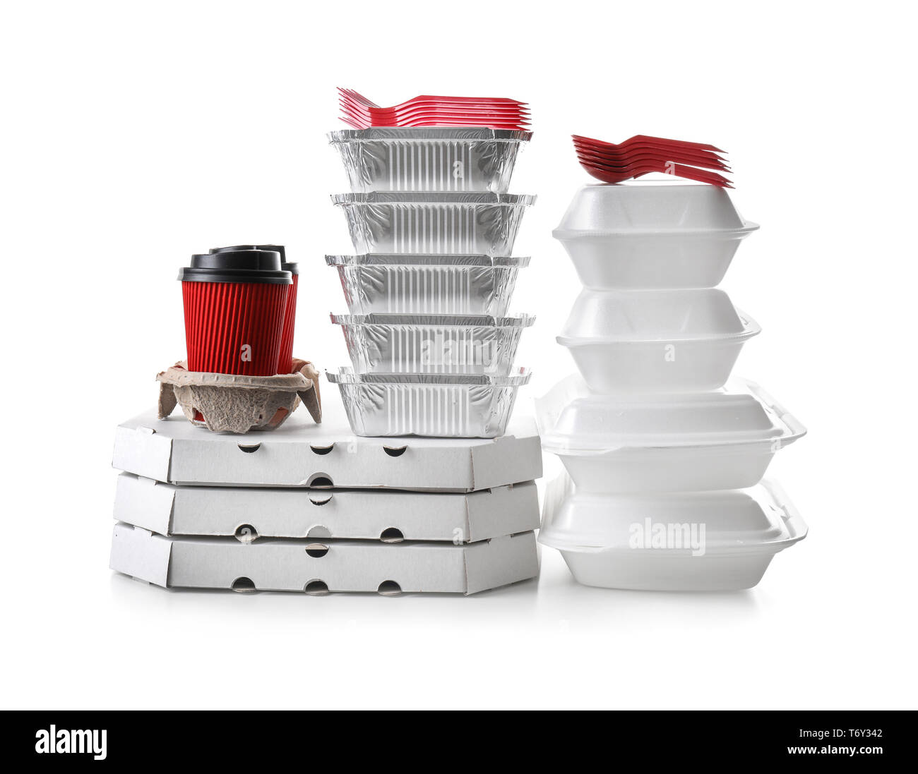 Different types of packages on white background. Food delivery service ...