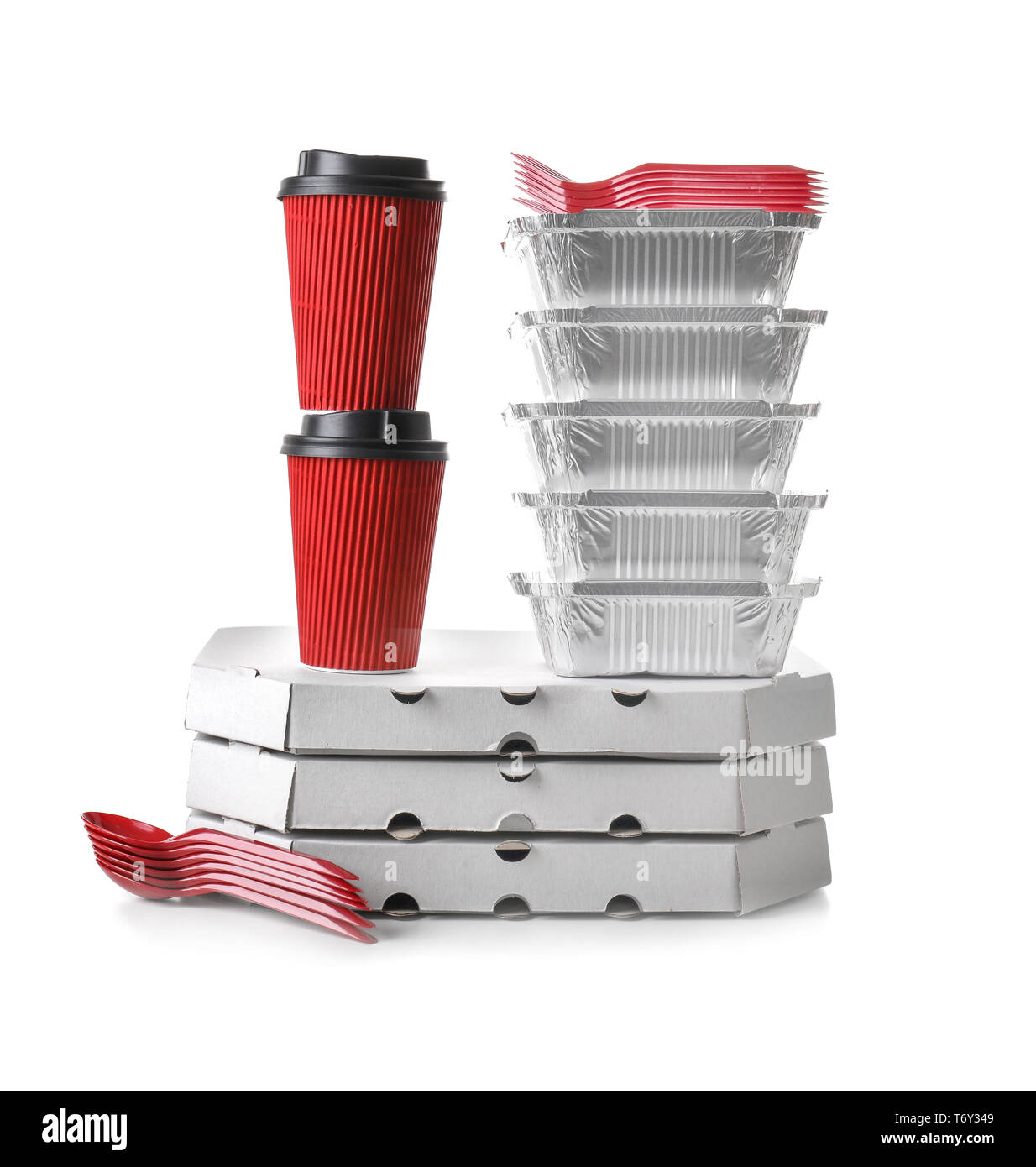 Different types of packages on white background. Food delivery service ...