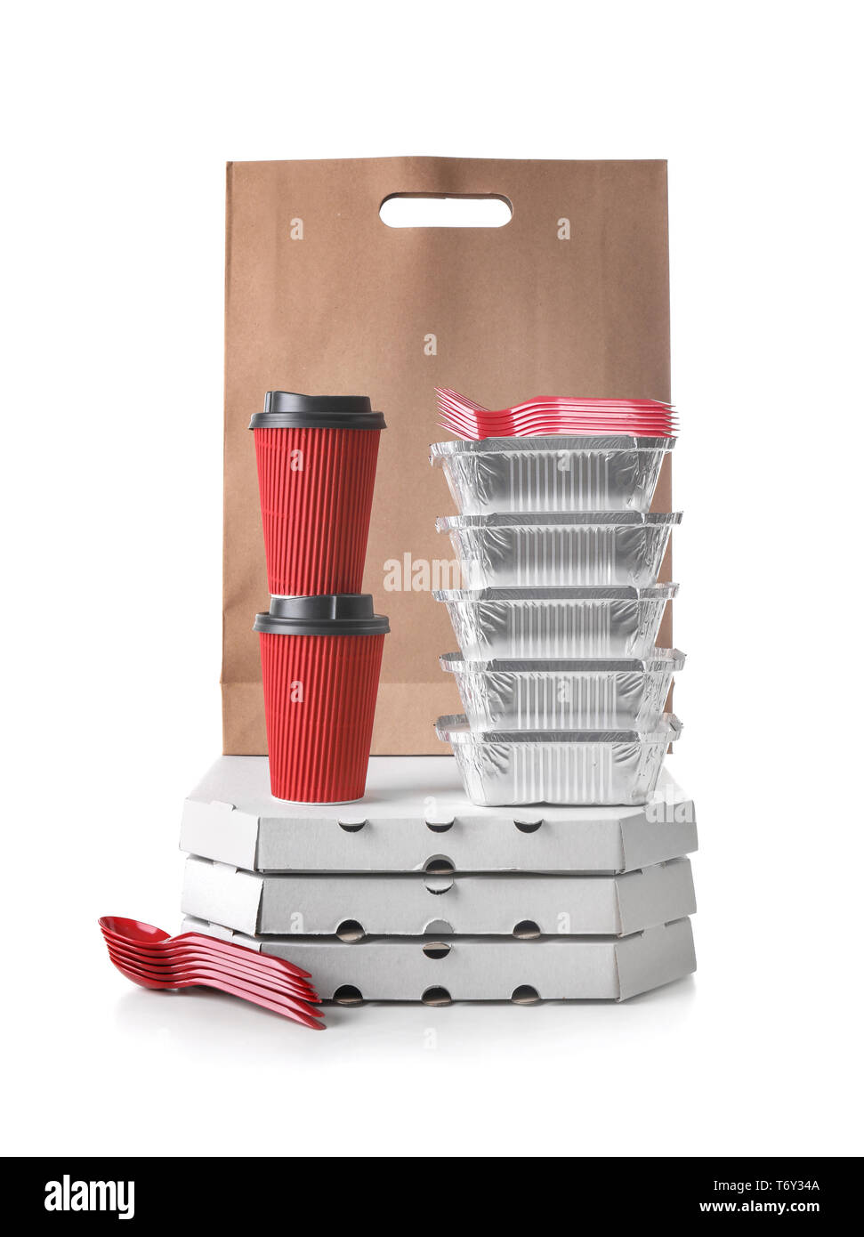 Different types of packages on white background. Food delivery service ...