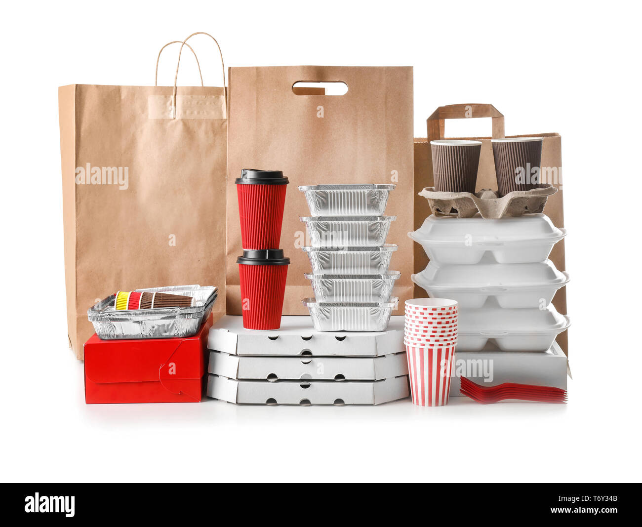 Different types of packages on white background. Food delivery service ...