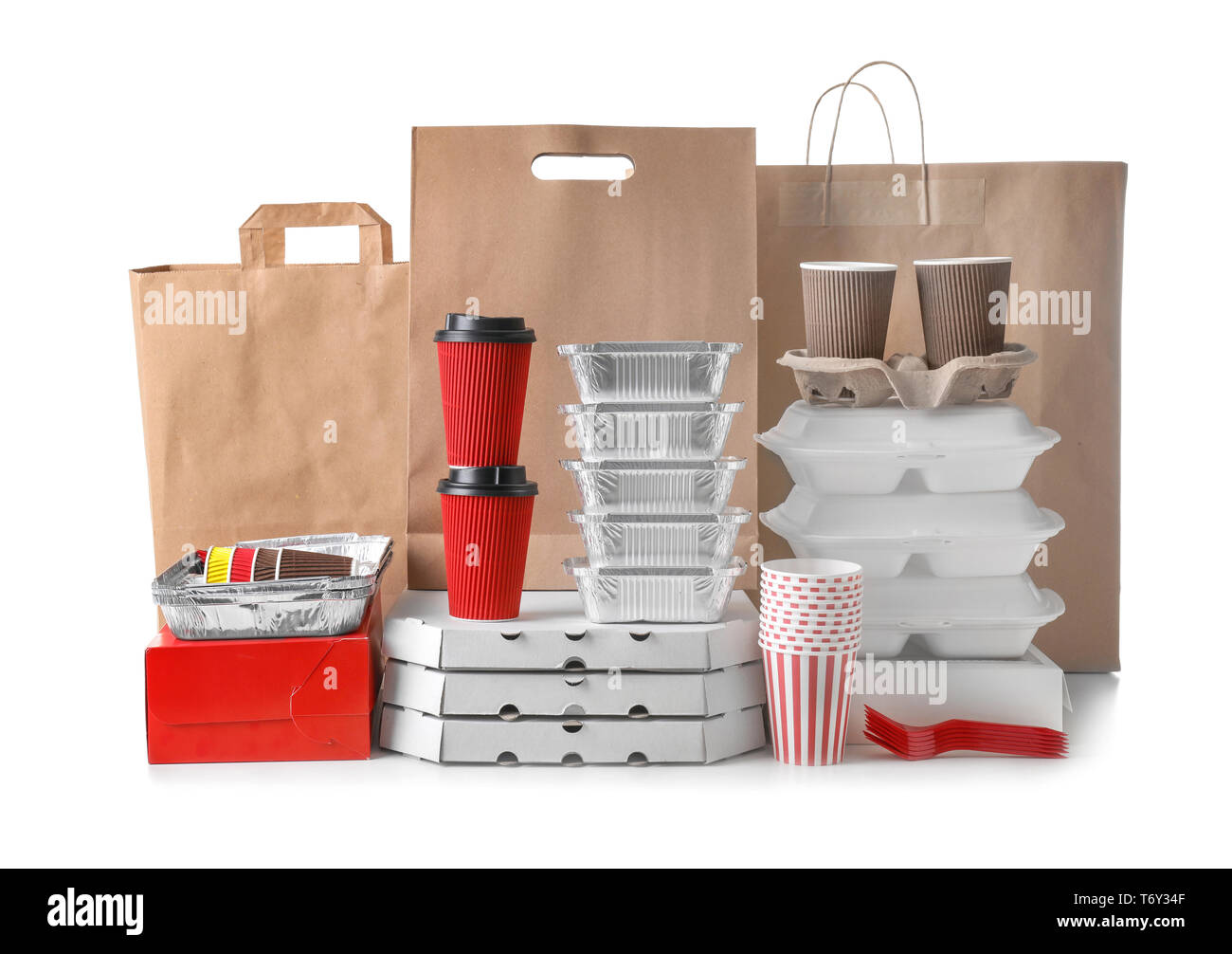 Different types of packages on white background. Food delivery service ...