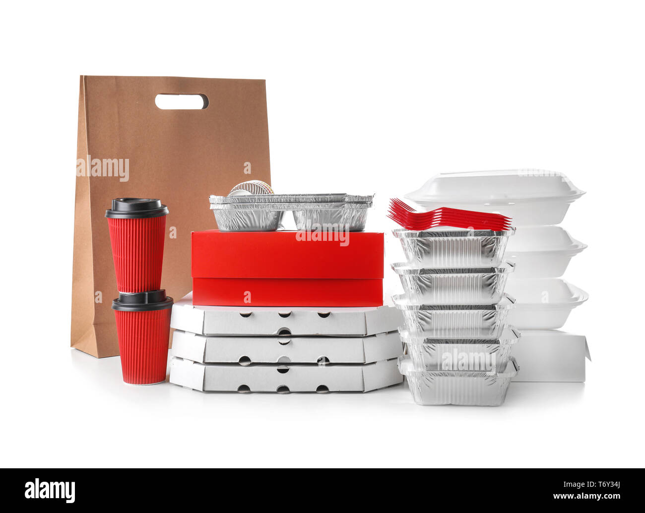 Different types of packages on white background. Food delivery service ...