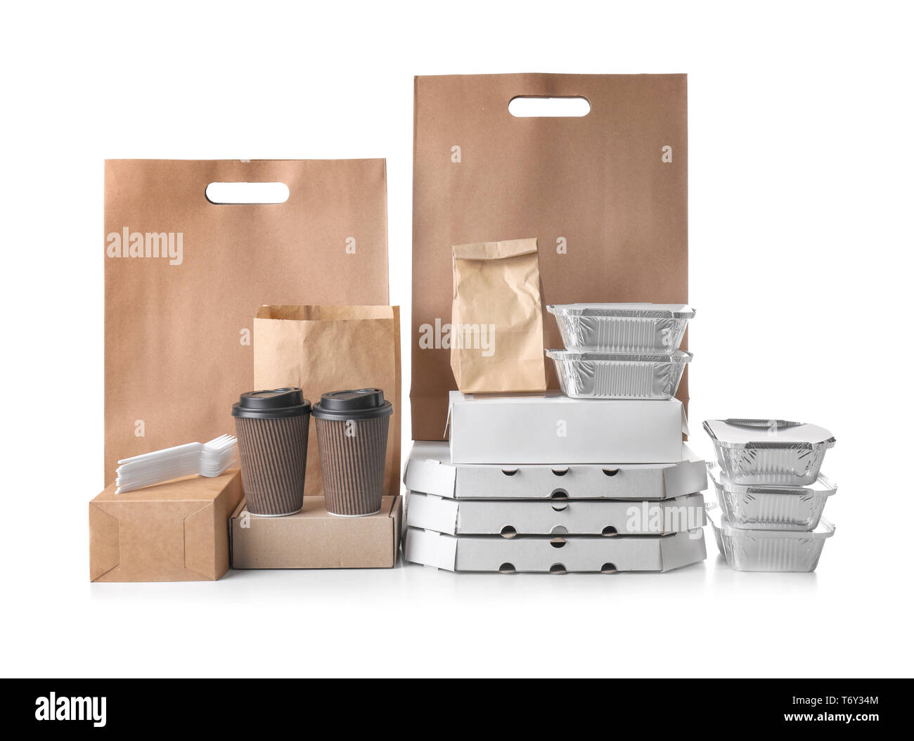 Different types of packages on white background. Food delivery service ...