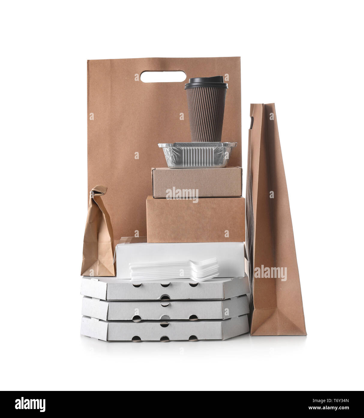 Different types of packages on white background. Food delivery service ...