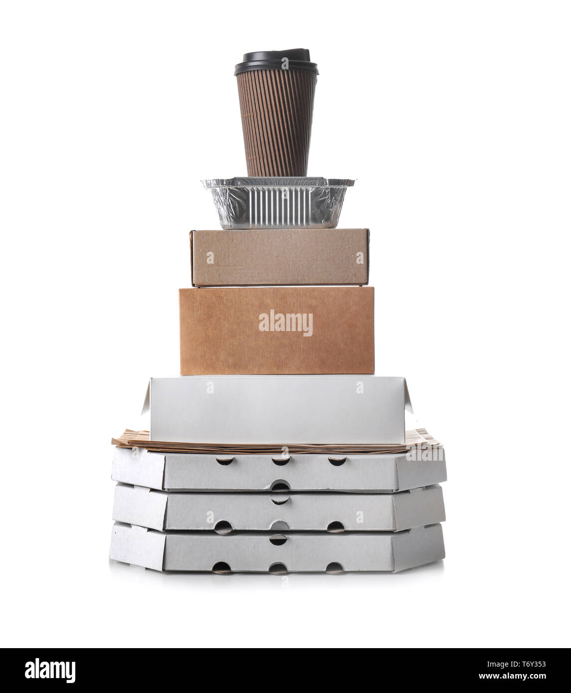 Different types of packages on white background. Food delivery service ...