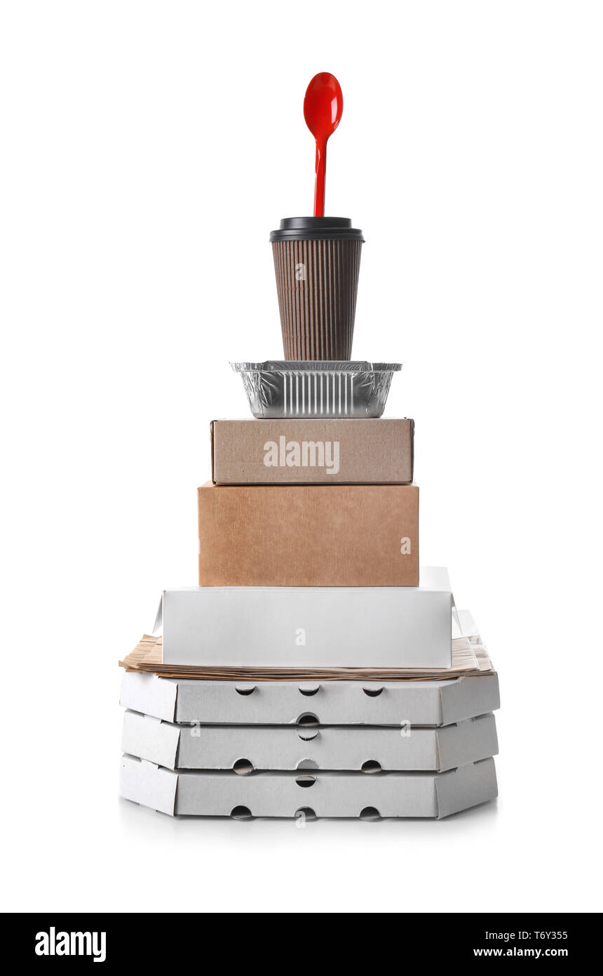 Different types of packages on white background. Food delivery service ...