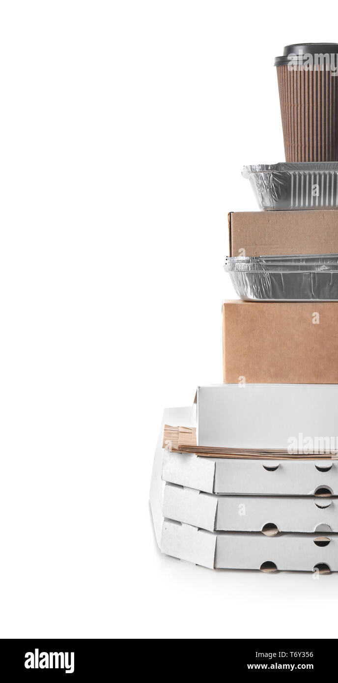 Different types of packages on white background. Food delivery service ...