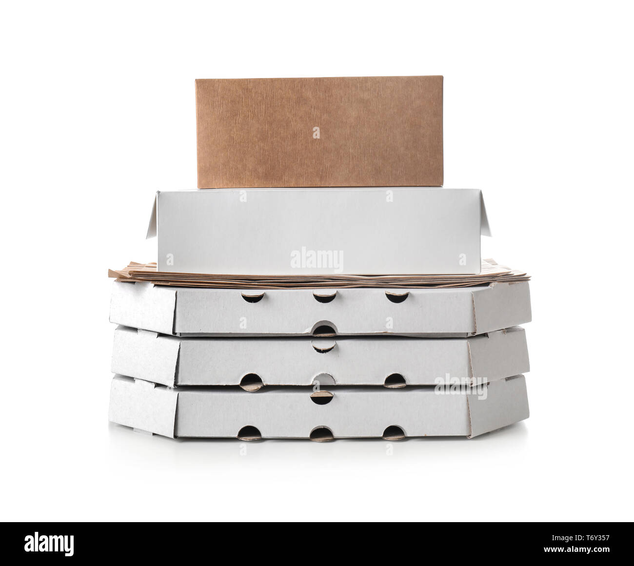 Different types of packages on white background. Food delivery service ...