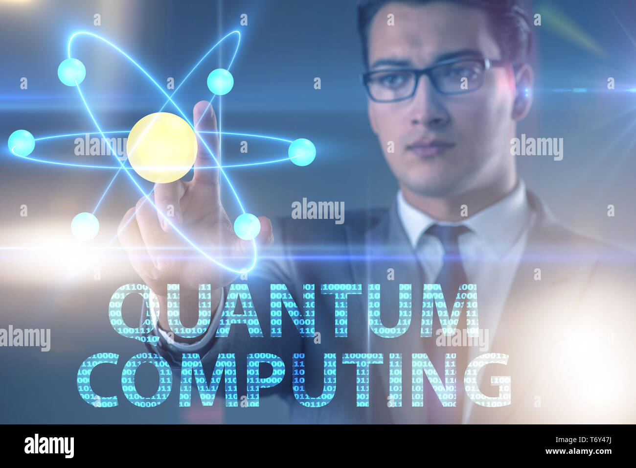 The businessman pressing virtual button in quantum computing concept ...