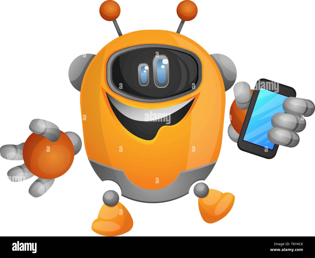 Cartoon robot holding a smartphone illustration vector on white ...