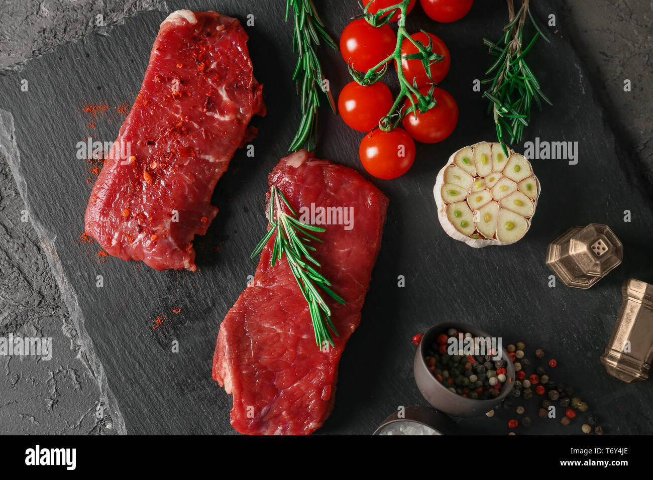 Flat lay composition with fresh raw meat, vegetables and spices on ...
