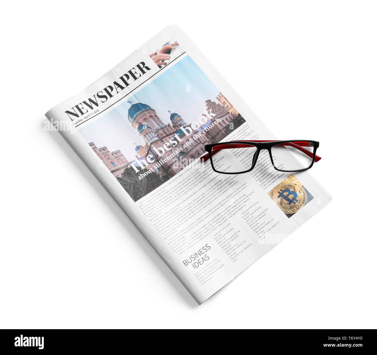 Newspaper and glasses on white background Stock Photo - Alamy