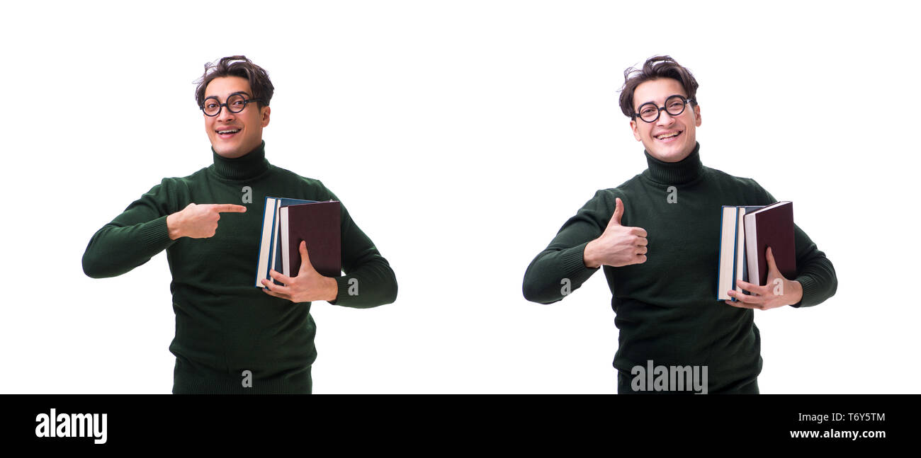 Nerd young student with books isolated on white Stock Photo - Alamy