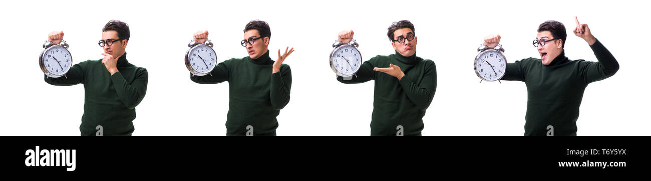 Nerd young money with giant clock isolated on white Stock Photo - Alamy