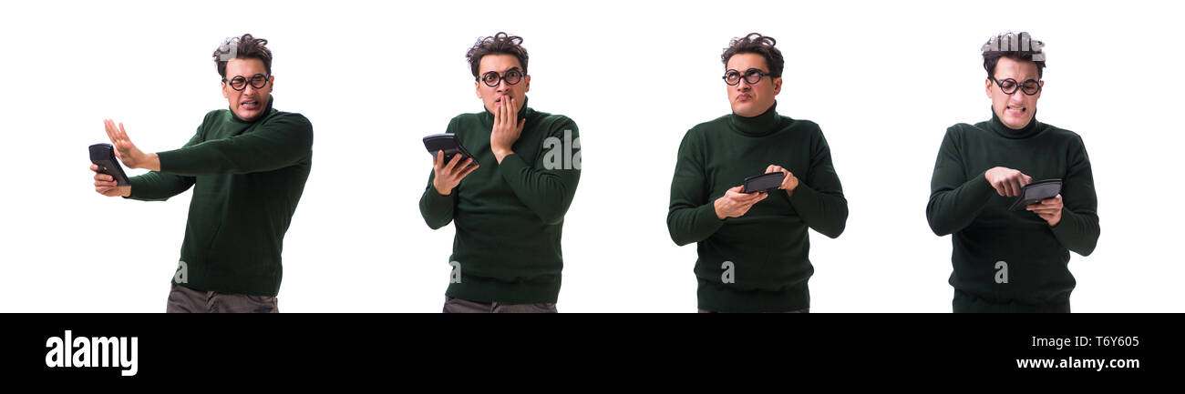 Nerd young man with calculator isolated on white Stock Photo - Alamy