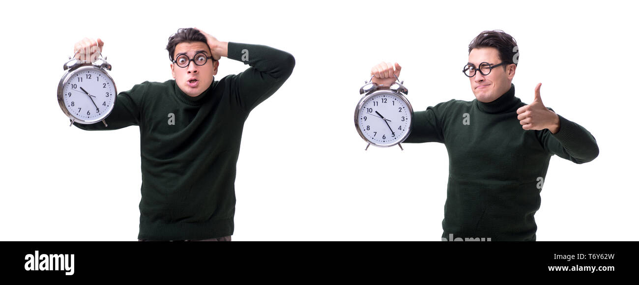 Nerd young money with giant clock isolated on white Stock Photo - Alamy