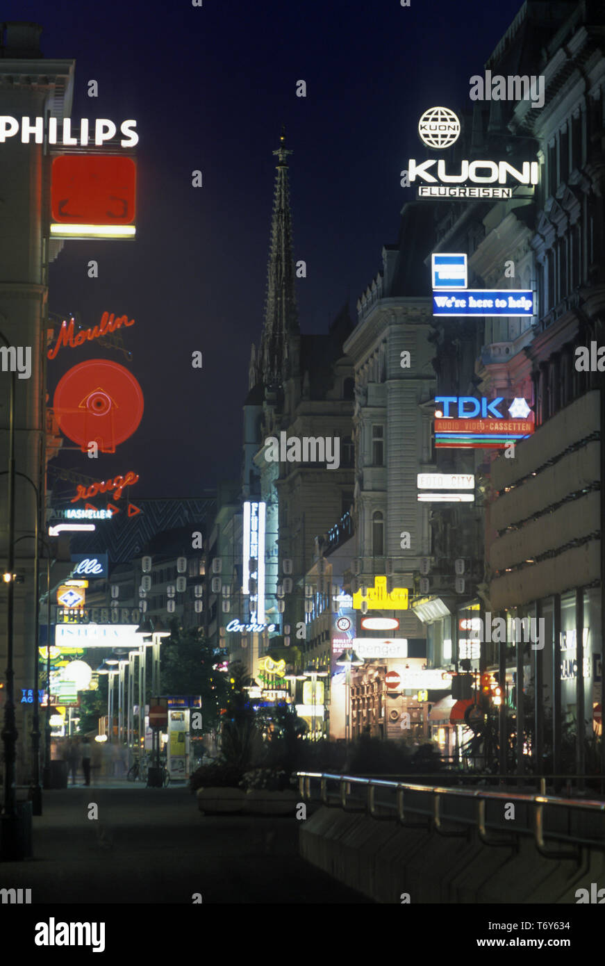 1989 HISTORICAL NEON SIGNS KARNTNERSTRASSE DOWNTOWN VIENNA AUSTRIA ...