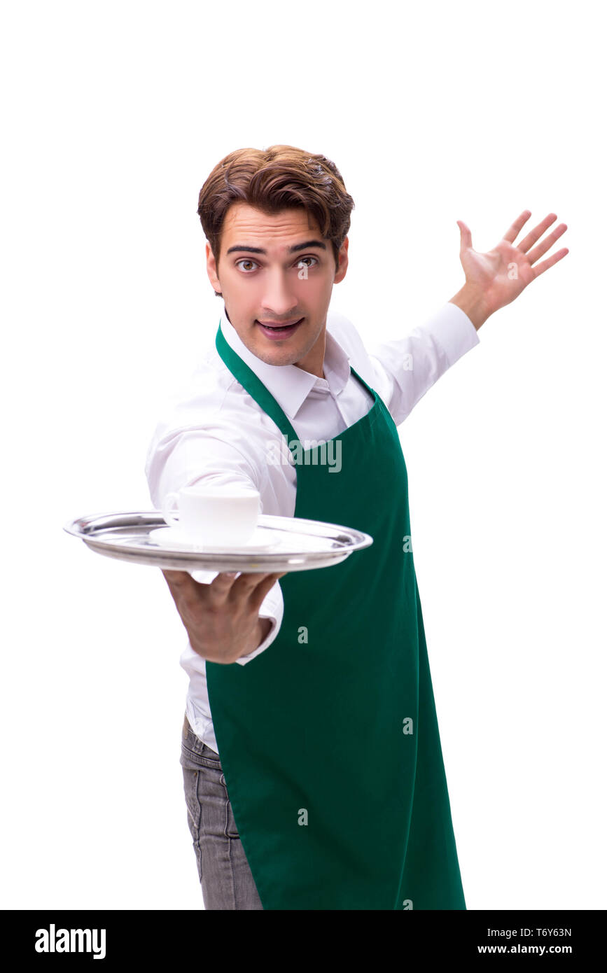 Young waiter isolated on white background Stock Photo - Alamy