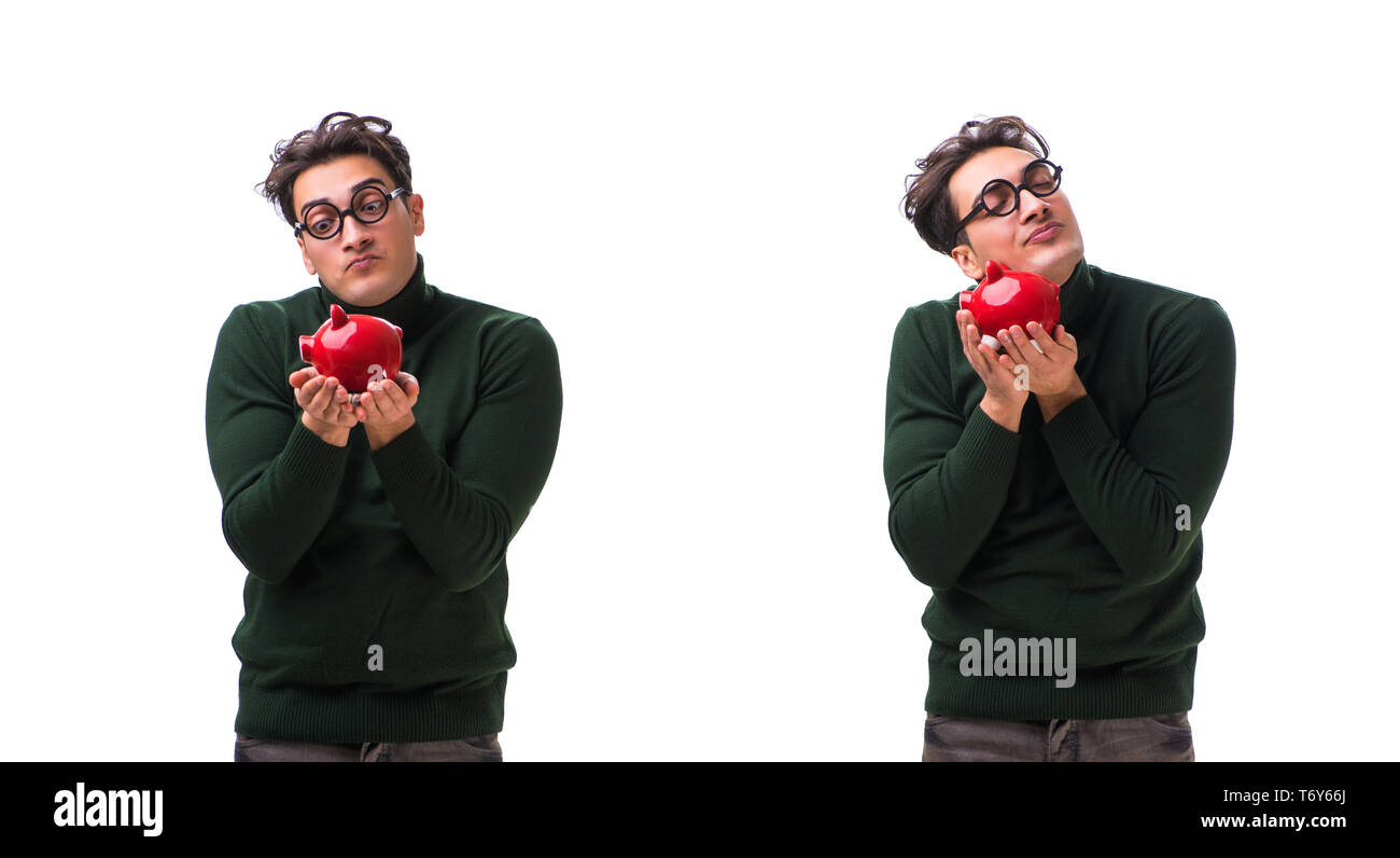 Nerd young man with piggybank isolated on white Stock Photo - Alamy