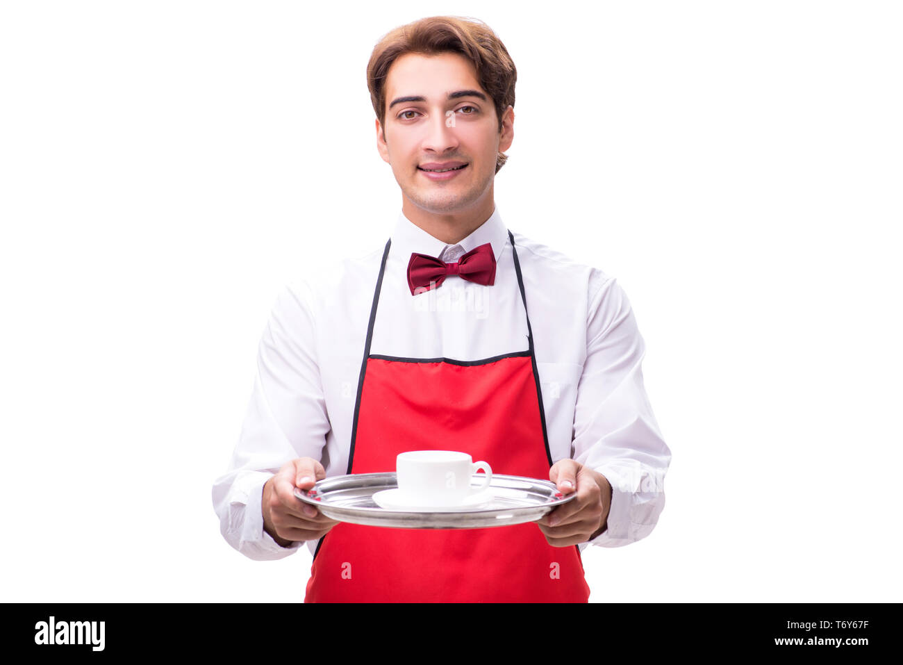 Young waiter isolated on white background Stock Photo - Alamy
