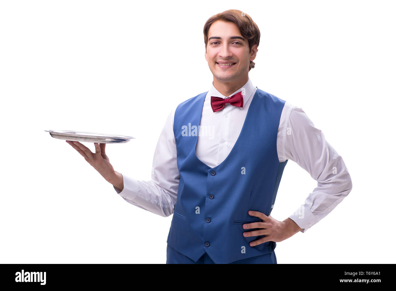 Young waiter isolated on white background Stock Photo - Alamy