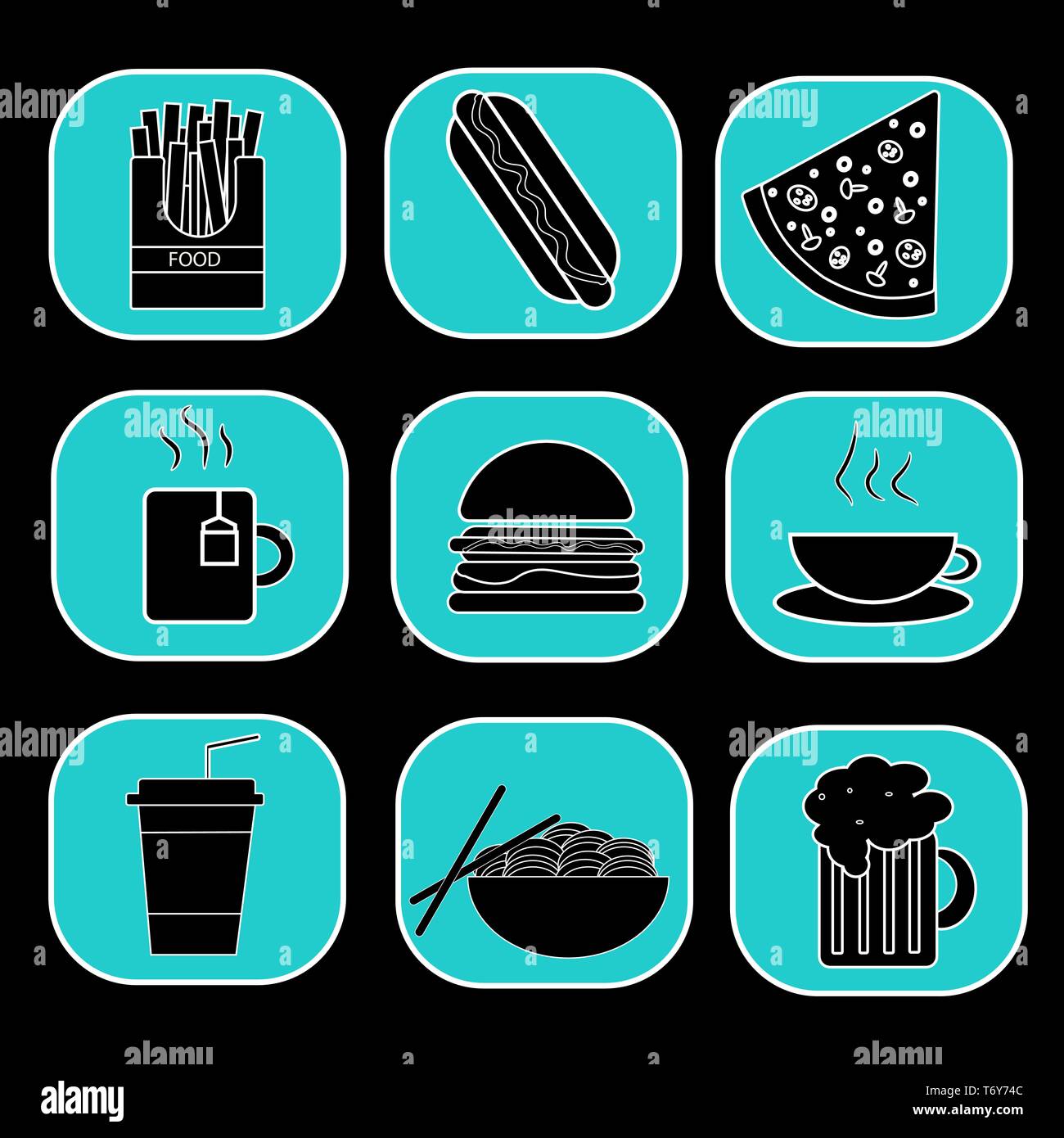 vector icons of meal, drinks, fast food on turquoise and black ...