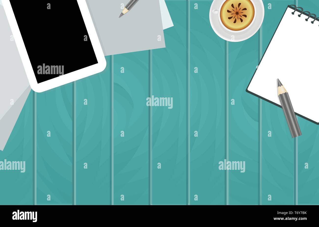 wooden table background with turquoise paper notepads notebook pencil ...