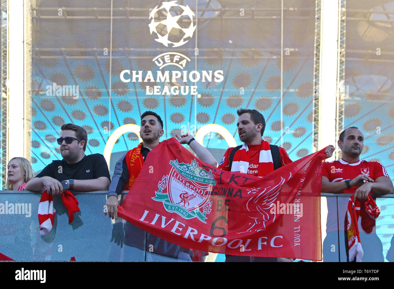 Liverpool supporters show their support near the NSC Olimpiyskiy ...