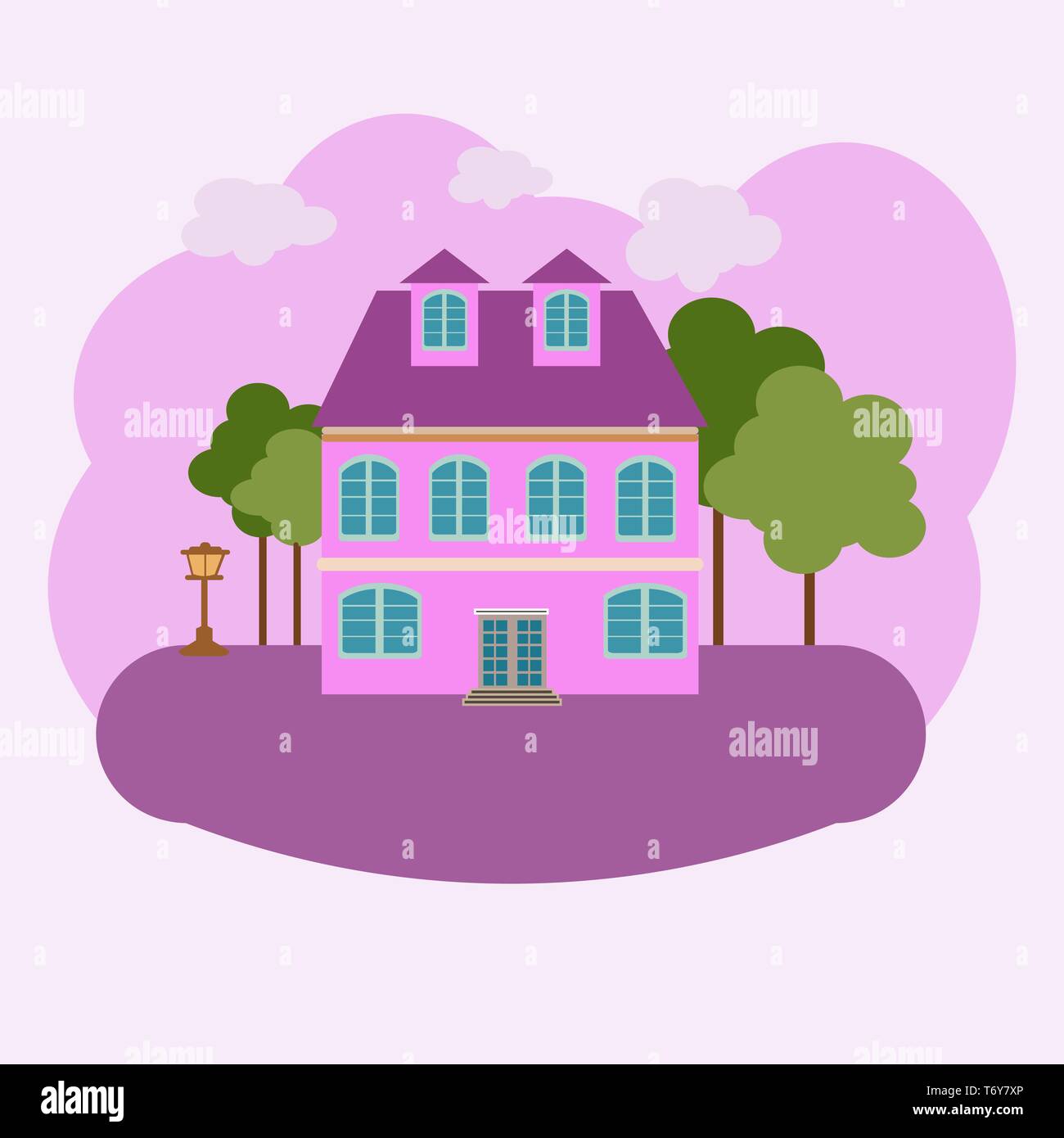 vector abstract house building in courtyard. with trees and lantern on ...