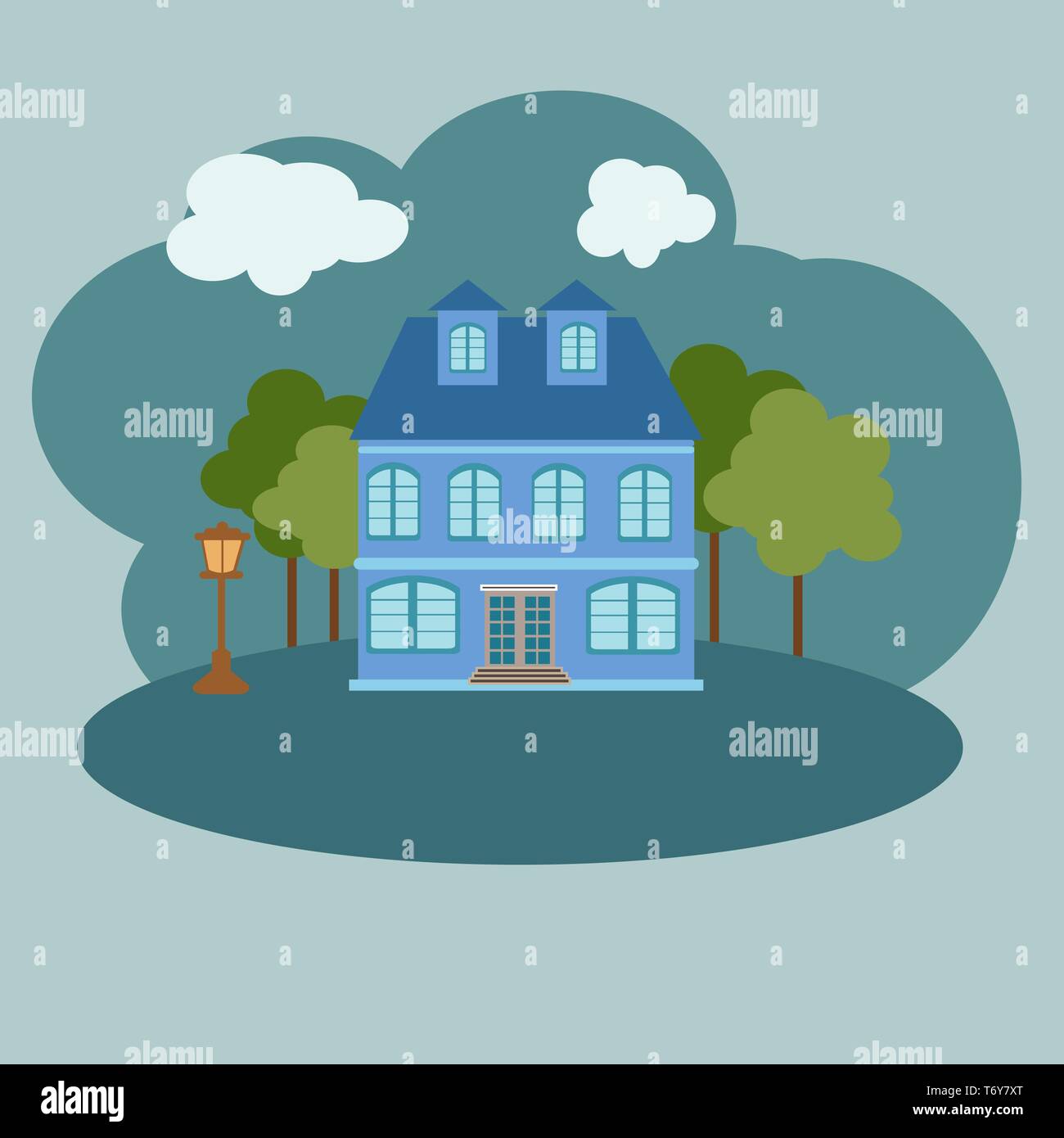 vector abstract house building in courtyard. with trees and a ...
