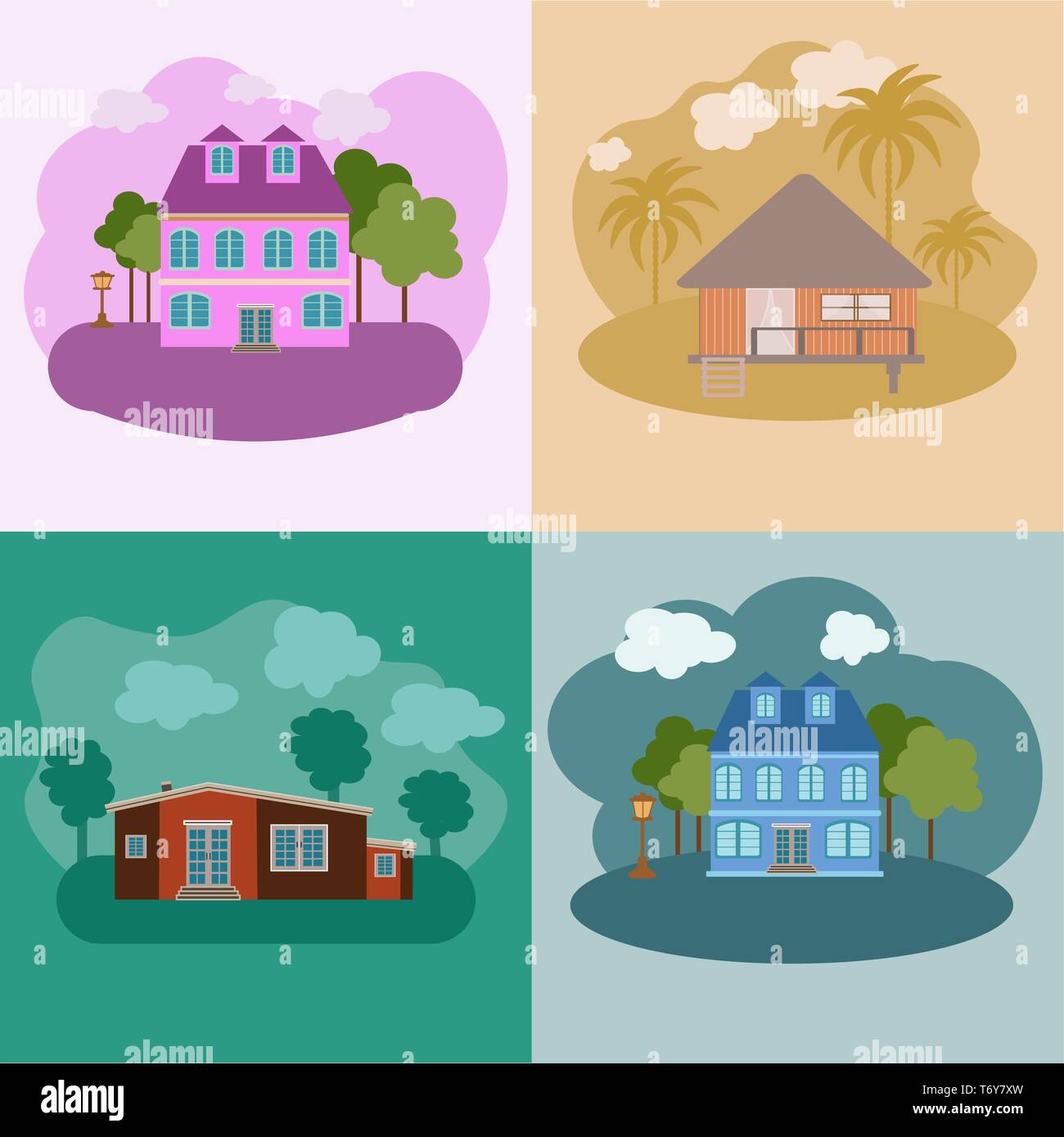 vector set abstract house building in courtyard. with trees and lantern ...