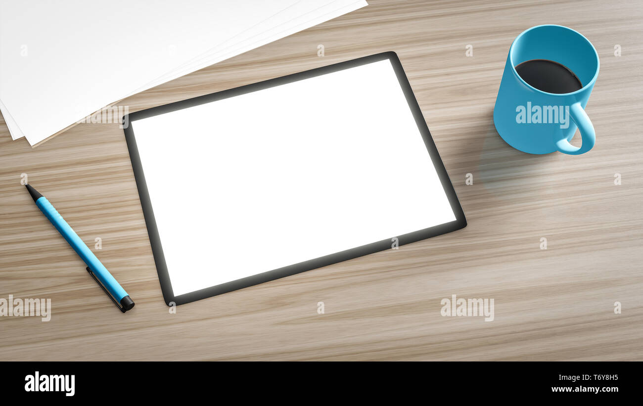 tablet pc at the table background Stock Photo - Alamy