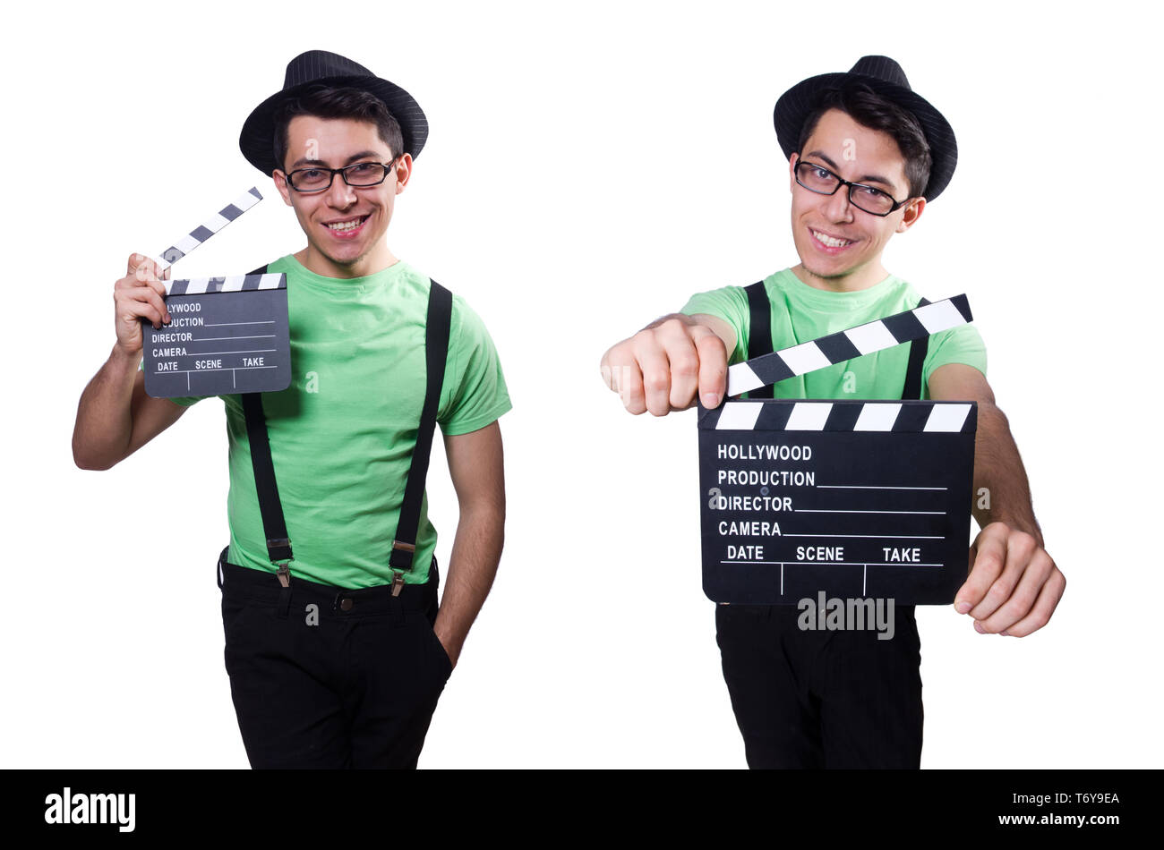 Funny man with movie board Stock Photo - Alamy