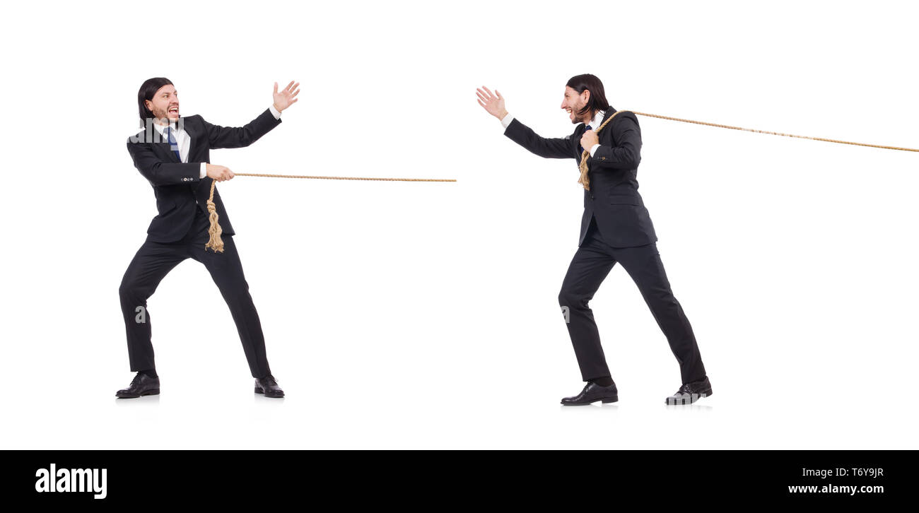 Young businessman pulling rope isolated on white Stock Photo - Alamy