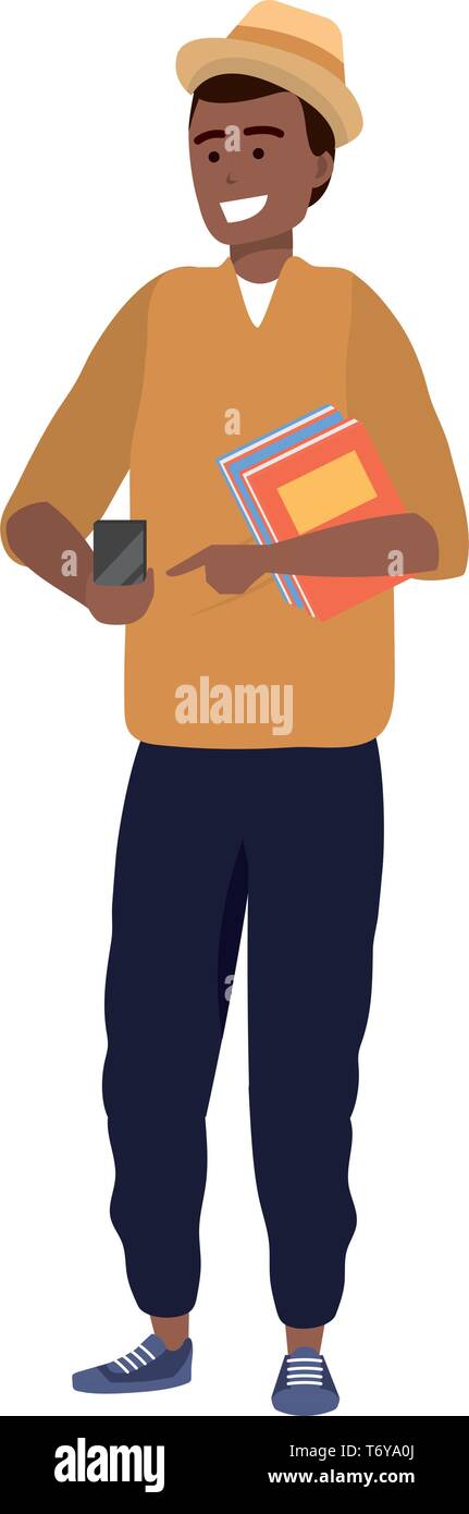 Millennial young student smiling using smartphone texting hat holding ...