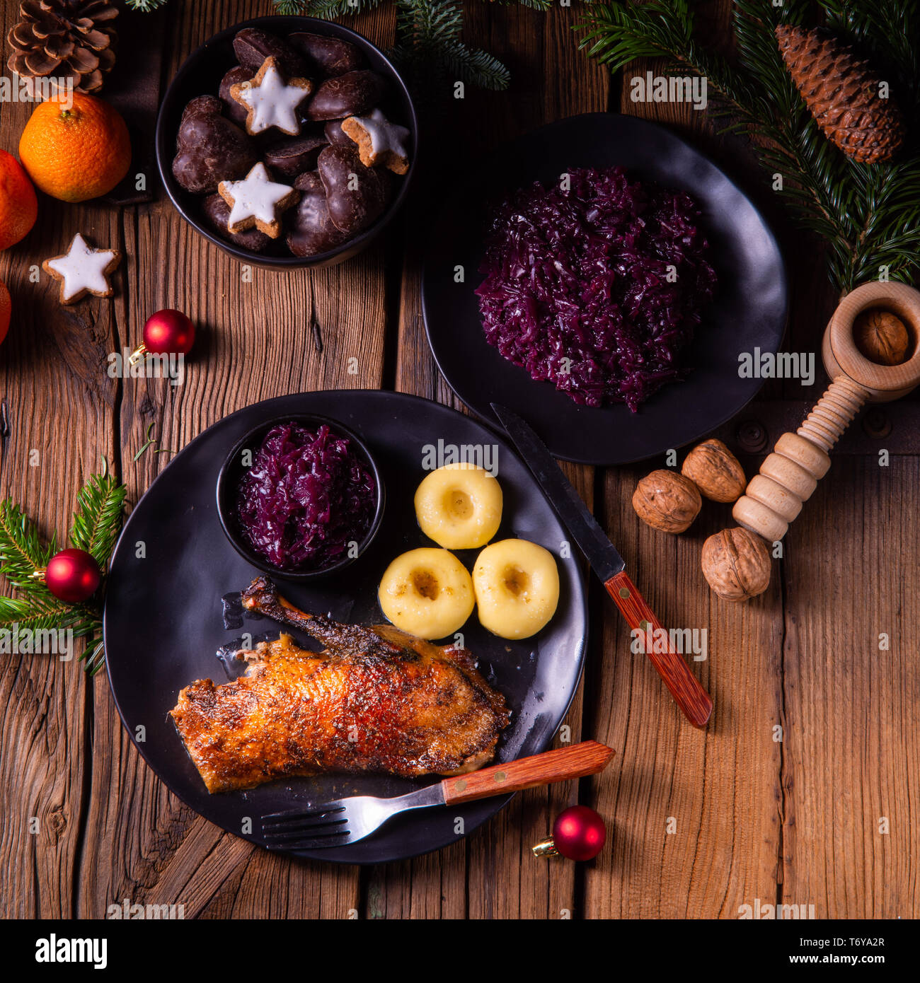 classic and crispy roasted duck with cabbage and dumplings Stock Photo ...