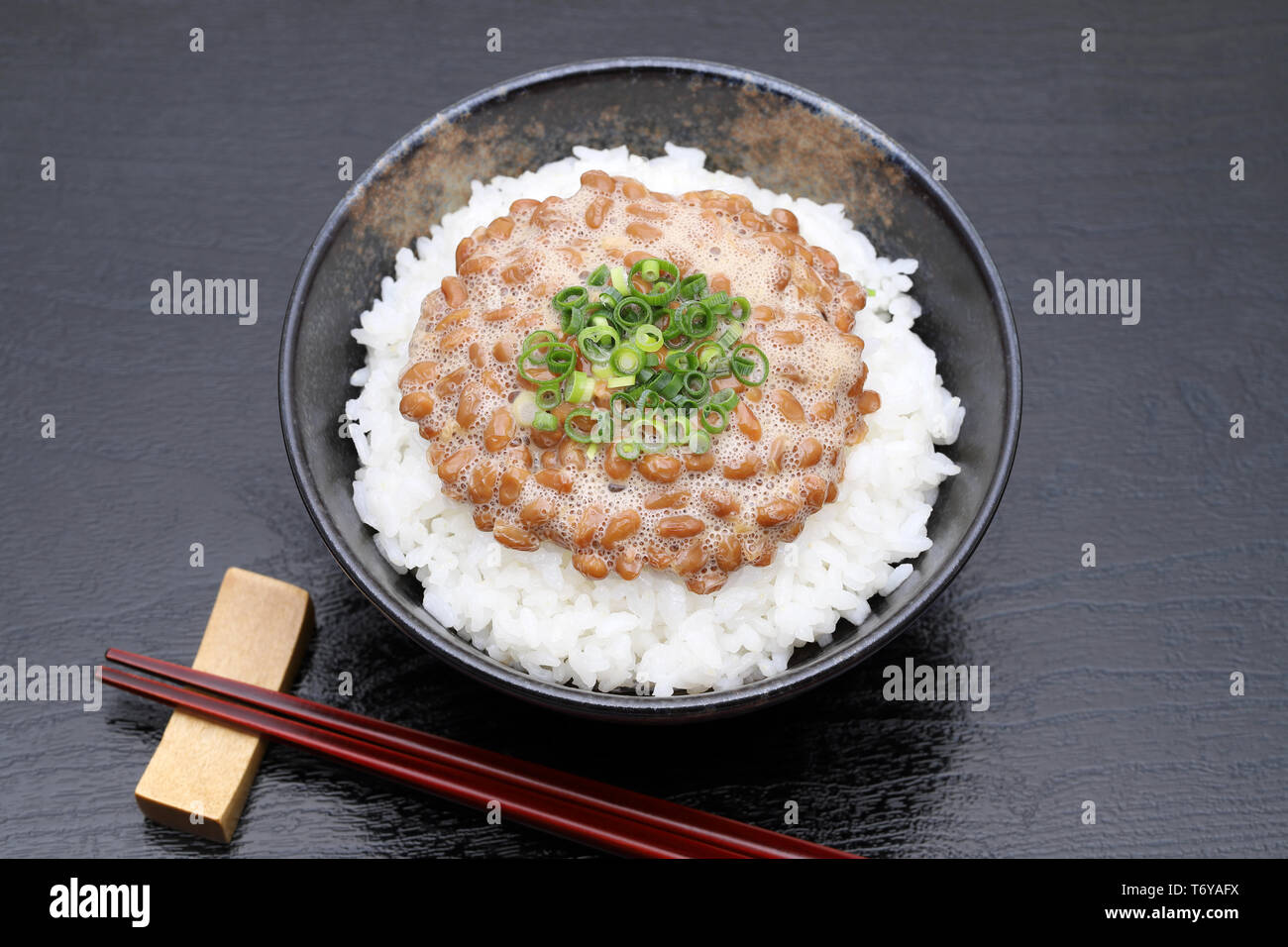 Japanese cooked white rice with Natto on table Stock Photo - Alamy