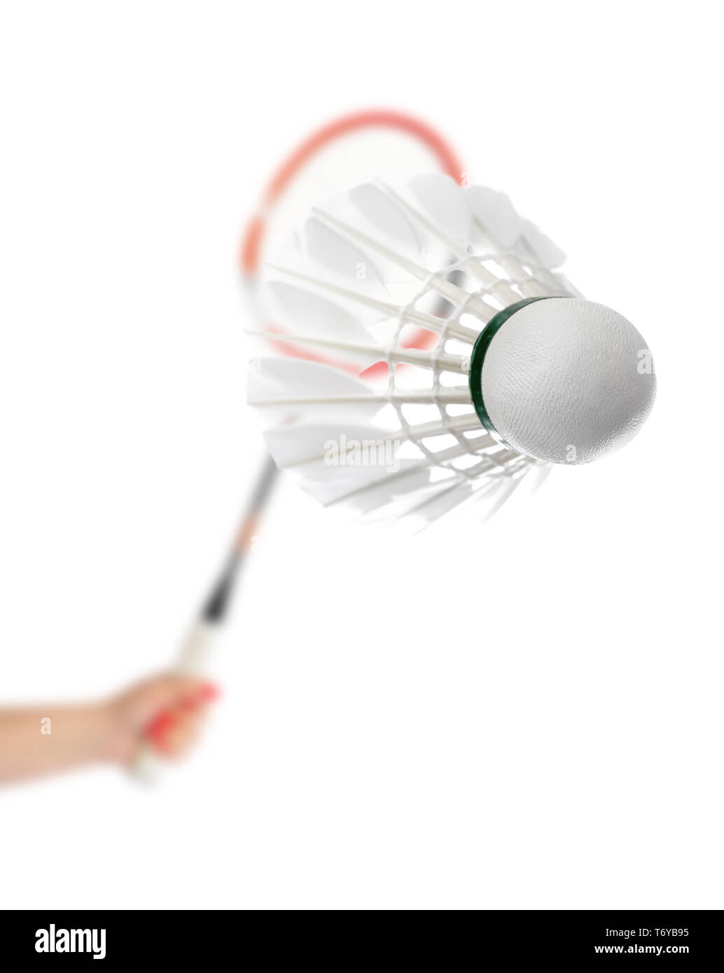 Hand with badminton racket and feather shuttlecock Stock Photo - Alamy