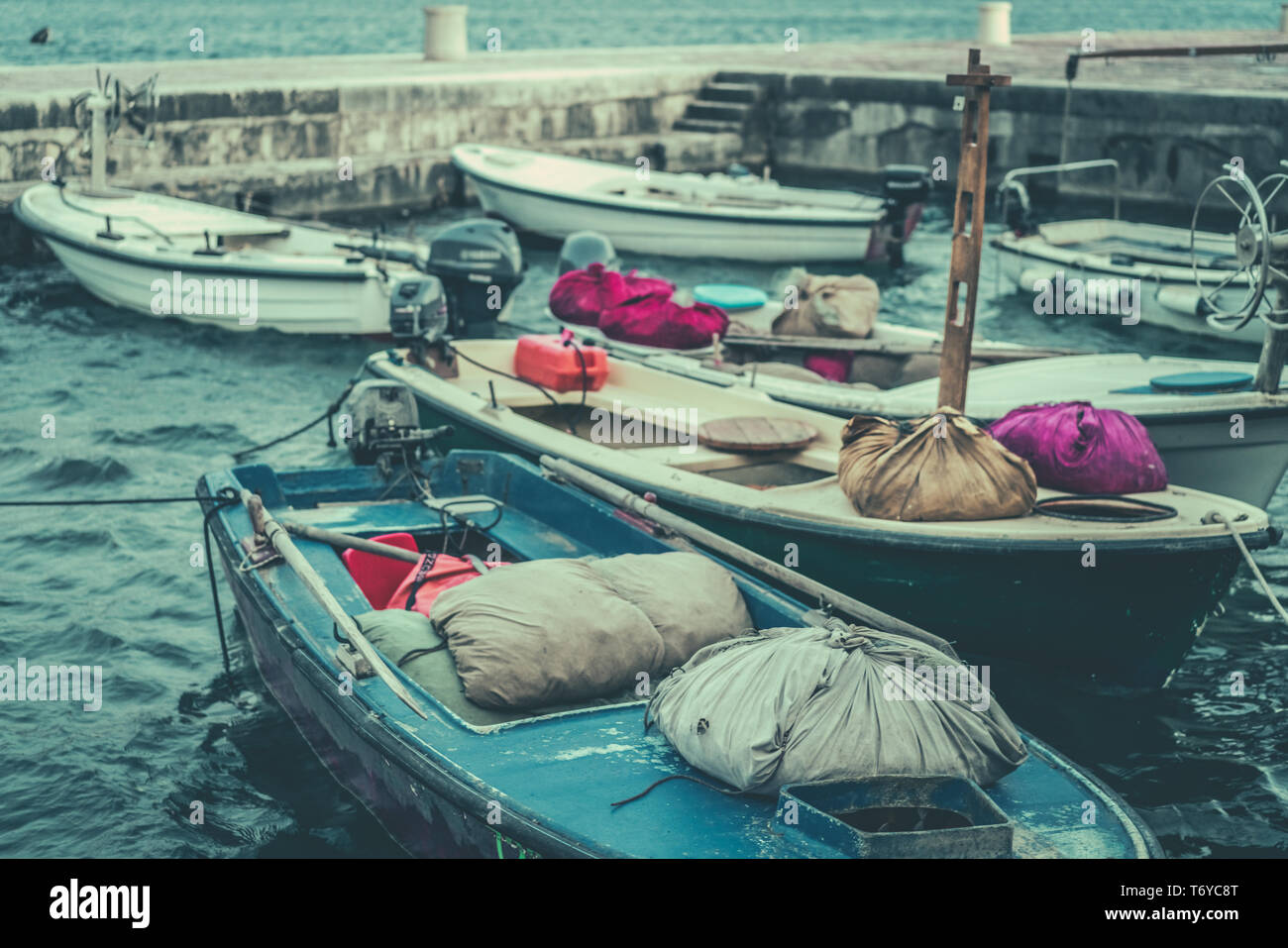 Retro vintage picture of boats in port Stock Photo - Alamy