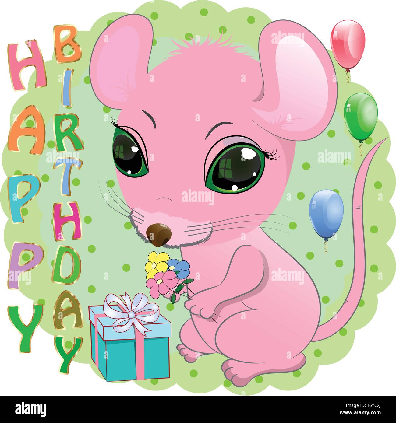 birthday greeting card with cute mouse. cartoon vector illustration ...