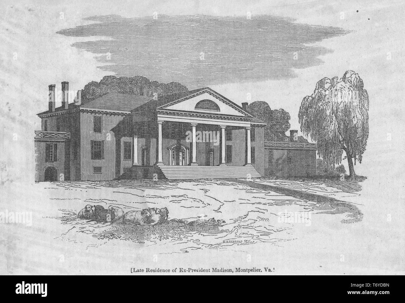 Engraving of James Madison late residence in Montpelier, Virginia, the ...