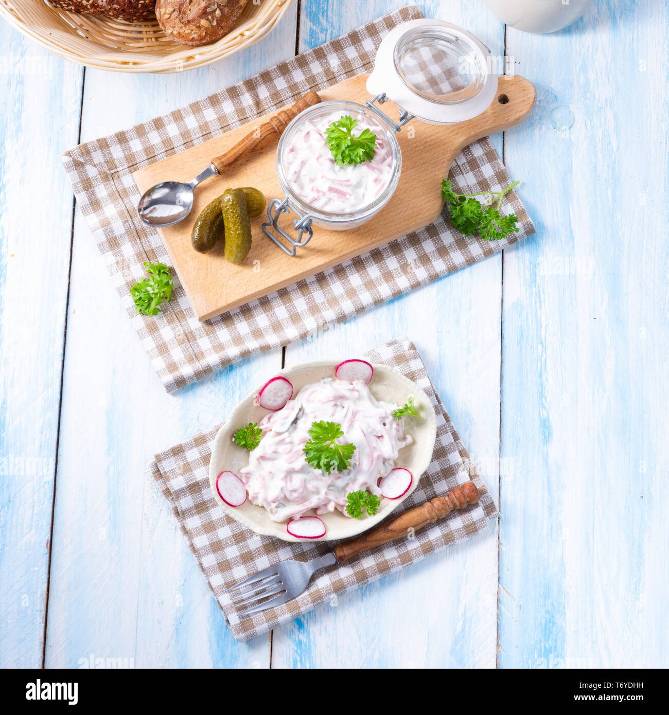 delicious homemade meat salad with mayonnaise and cucumber Stock Photo ...