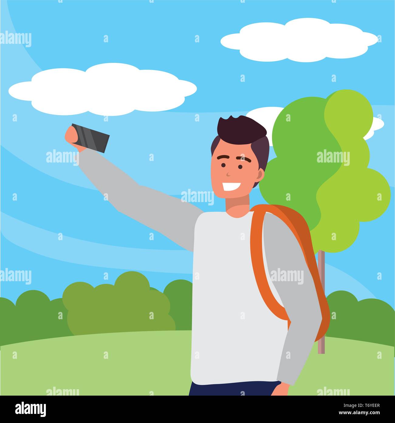 Millennial student posing and smiling while taking selfie using ...