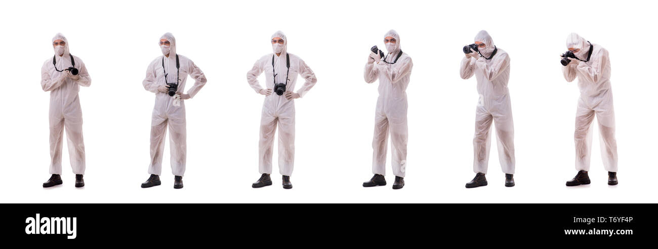 Forensic specialist in protective suit taking photos on white Stock ...