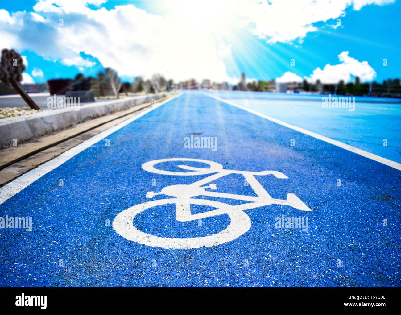 Bicycle lane sign on the bicycle way with blue colored asphalt Stock ...