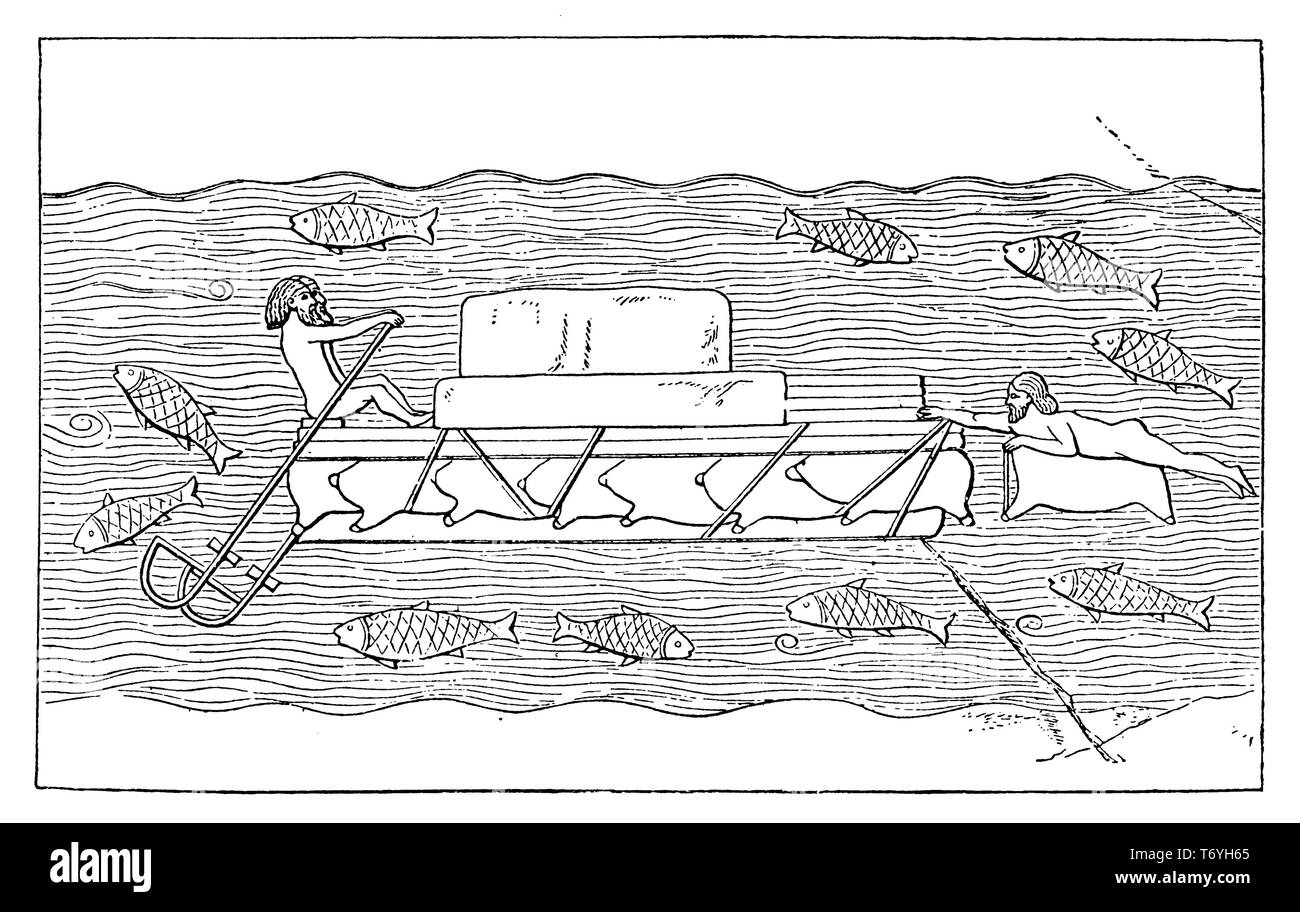 Tubular raft on an Assyrian relief in Khorsabad. According to Place ...